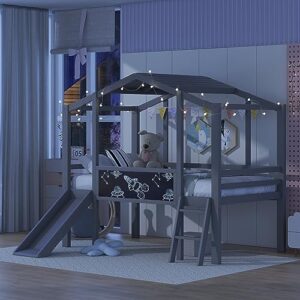 CITYLIGHT Twin Size Loft Bed with Slide, Low Loft Bed Frame with Blackboard and Light Strip on The Roof, Wood Kids Slide Bed for Girls, Boys, Grey