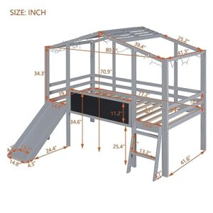 CITYLIGHT Twin Size Loft Bed with Slide, Low Loft Bed Frame with Blackboard and Light Strip on The Roof, Wood Kids Slide Bed for Girls, Boys, Grey