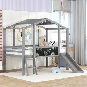 CITYLIGHT Twin Size Loft Bed with Slide, Low Loft Bed Frame with Blackboard and Light Strip on The Roof, Wood Kids Slide Bed for Girls, Boys, Grey