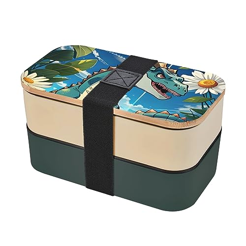 Cute Dinosaur Adult Lunch Box, Bento Box, With Cutlery Set Of 3, 2 Compartments, Rectangular, Lunch Box For Adults