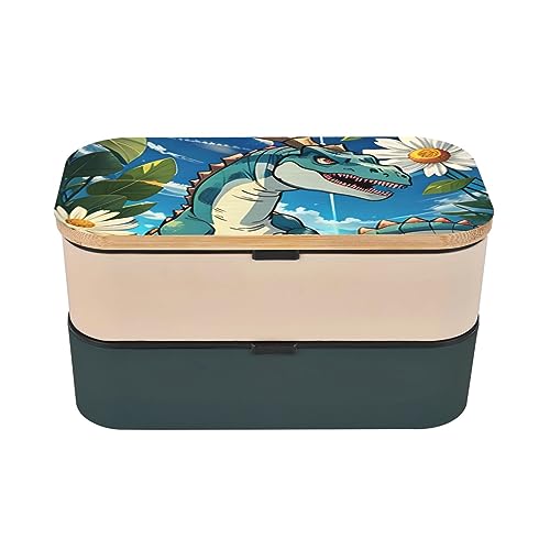 Cute Dinosaur Adult Lunch Box, Bento Box, With Cutlery Set Of 3, 2 Compartments, Rectangular, Lunch Box For Adults