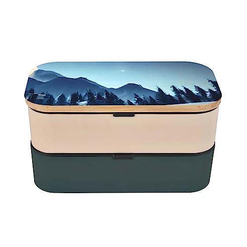 Snowy Forest Adult Lunch Box, Bento Box, With Cutlery Set Of 3, 2 Compartments, Rectangular, Lunch Box For Adults