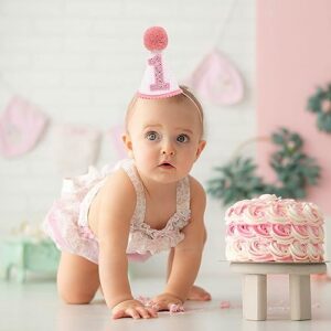 VAVAYAO First Birthday Hat for Baby Girls - First Birthday Cone Hat Pink,1st Birthday Party Hat,Cake Smash Photo Prop,Hot Pink Hat for Party,Kids Theme Party Decoration Supplies