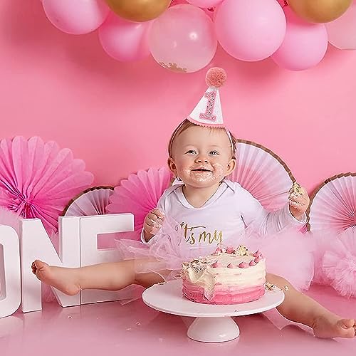 VAVAYAO First Birthday Hat for Baby Girls - First Birthday Cone Hat Pink,1st Birthday Party Hat,Cake Smash Photo Prop,Hot Pink Hat for Party,Kids Theme Party Decoration Supplies