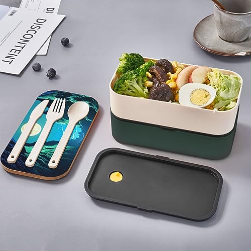 Water Moon Cave Adult Lunch Box, Bento Box, With Cutlery Set Of 3, 2 Compartments, Rectangular, Lunch Box For Adults