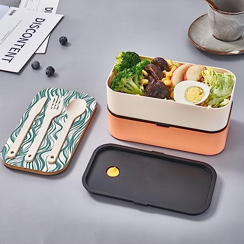 Green Wavy Stripe Adult Lunch Box, Bento Box, With Cutlery Set Of 3, 2 Compartments, Rectangular, Lunch Box For Adults