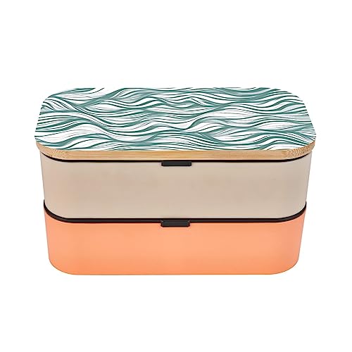 Green Wavy Stripe Adult Lunch Box, Bento Box, With Cutlery Set Of 3, 2 Compartments, Rectangular, Lunch Box For Adults