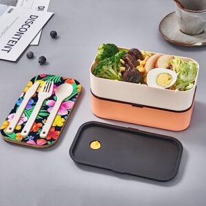 Colorful Flowers Adult Lunch Box, Bento Box, With Cutlery Set Of 3, 2 Compartments, Rectangular, Lunch Box For Adults