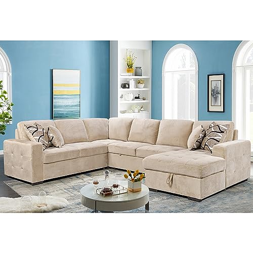 THSUPER Sectional Sleeper Sofa with Pull Out Bed and Storage Chaise, U Shape Sectional Sofa Bed, Oversized Sectional Sleeper Couch for Living Room Beige