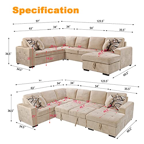 THSUPER Sectional Sleeper Sofa with Pull Out Bed and Storage Chaise, U Shape Sectional Sofa Bed, Oversized Sectional Sleeper Couch for Living Room Beige