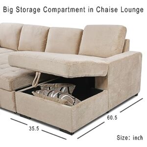 THSUPER Sectional Sleeper Sofa with Pull Out Bed and Storage Chaise, U Shape Sectional Sofa Bed, Oversized Sectional Sleeper Couch for Living Room Beige