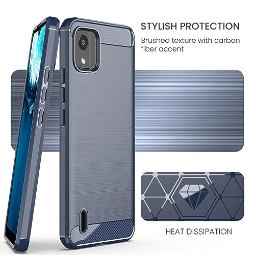 Dretal for Nokia C110 Case with Tempered Glass Screen Protector, Shock-Absorption Brushed Flexible Soft TPU Carbon Fiber Protective Cover for Nokia C110 (Navy)