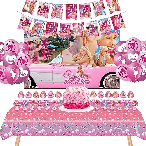 Party Decoration Suitable for Barbie Theme Party, Pink Party Supplies Suitable for Barbie Birthday Decoraiton Set Include Balloons, Banner, Backdrop, Cake topper, Cupcake Topper and Tablecloth for Kids Party…