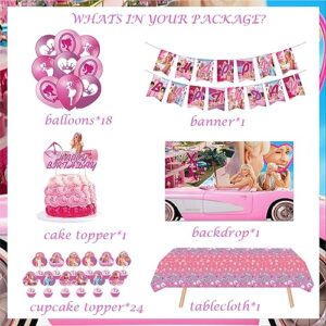 Party Decoration Suitable for Barbie Theme Party, Pink Party Supplies Suitable for Barbie Birthday Decoraiton Set Include Balloons, Banner, Backdrop, Cake topper, Cupcake Topper and Tablecloth for Kids Party…