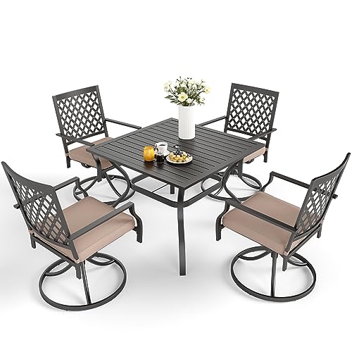 MFSTUDIO 5 PCS Metal Outdoor Patio Furniture Dining Set with 4 Metal Swivel Chairs and Square Dining Table with Umbrella Hole, Black