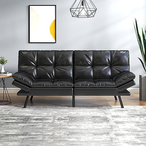 IULULU Memory Foam Futon Couch Bed Faux Leather Convertible Sofa with Adjustable Splitback Armrests for Compact Living Space, Black