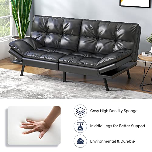 IULULU Memory Foam Futon Couch Bed Faux Leather Convertible Sofa with Adjustable Splitback Armrests for Compact Living Space, Black