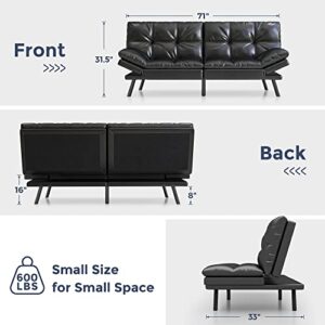 IULULU Memory Foam Futon Couch Bed Faux Leather Convertible Sofa with Adjustable Splitback Armrests for Compact Living Space, Black