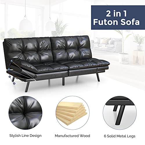 IULULU Memory Foam Futon Couch Bed Faux Leather Convertible Sofa with Adjustable Splitback Armrests for Compact Living Space, Black