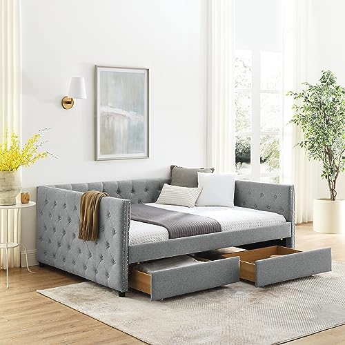 Flieks Full Size Upholstered Daybed with 2 Storage Drawers, Nailhead Trim, Button Tufted Design, Modern Sofa Bed for Living Room, Bedroom, Apartment, Grey