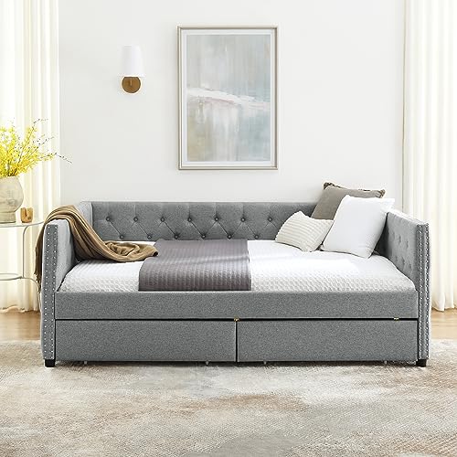 Flieks Full Size Upholstered Daybed with 2 Storage Drawers, Nailhead Trim, Button Tufted Design, Modern Sofa Bed for Living Room, Bedroom, Apartment, Grey