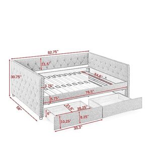 Flieks Full Size Upholstered Daybed with 2 Storage Drawers, Nailhead Trim, Button Tufted Design, Modern Sofa Bed for Living Room, Bedroom, Apartment, Grey