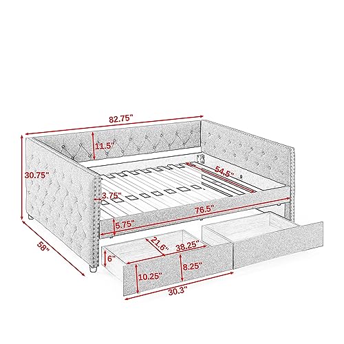 Flieks Full Size Upholstered Daybed with 2 Storage Drawers, Nailhead Trim, Button Tufted Design, Modern Sofa Bed for Living Room, Bedroom, Apartment, Grey