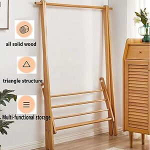 HM&DX Bamboo Folding Clothing Rack,Freestanding Clothes Rack with 2-Tier Storage Shelves,with Anti-tipping Devices Garment RackHeavy Duty Triangular Frame,for Entryway Bedroom laundry drying rack