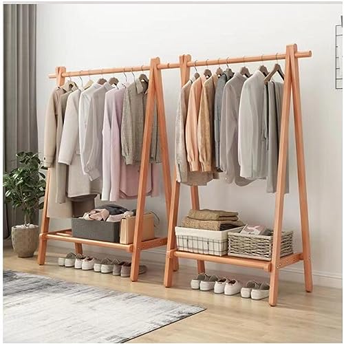 HM&DX Bamboo Folding Clothing Rack,Freestanding Clothes Rack with 2-Tier Storage Shelves,with Anti-tipping Devices Garment RackHeavy Duty Triangular Frame,for Entryway Bedroom laundry drying rack