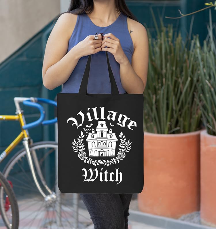 shop4ever Village Witch Halloween Trick or Treat Eco Cotton Tote Reusable Shopping Bag Black ECO 1