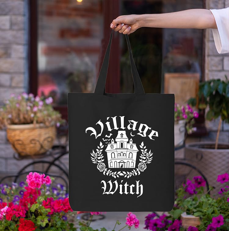 shop4ever Village Witch Halloween Trick or Treat Eco Cotton Tote Reusable Shopping Bag Black ECO 1