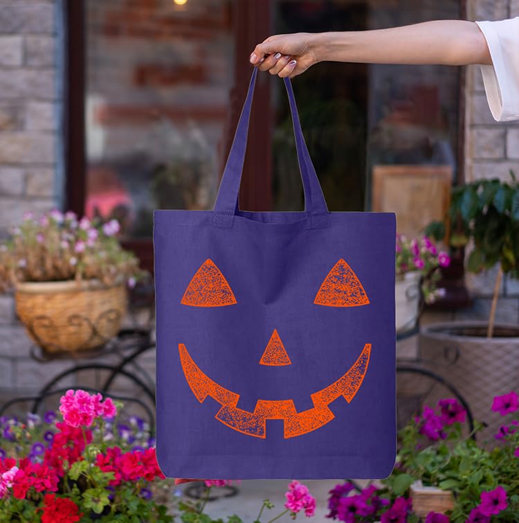 shop4ever Orange Jack O' Lantern Pumpkin Face Halloween Trick or Treat Eco Cotton Tote Reusable Shopping Bag Purple ECO 1