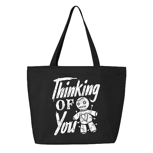 shop4ever Thinking of You Voodoo Doll Halloween Trick or Treat Heavy Canvas Tote with Zipper Reusable Shopping Bag Black ZIP 1