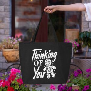 shop4ever Thinking of You Voodoo Doll Halloween Trick or Treat Heavy Canvas Tote with Zipper Reusable Shopping Bag Black ZIP 1