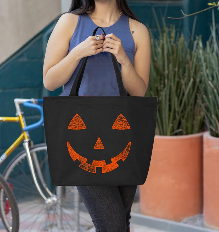 shop4ever Orange Jack O' Lantern Pumpkin Face Halloween Trick or Treat Heavy Canvas Tote with Zipper Reusable Shopping Bag Black ZIP 1