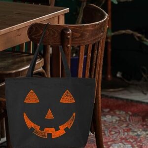 shop4ever Orange Jack O' Lantern Pumpkin Face Halloween Trick or Treat Heavy Canvas Tote with Zipper Reusable Shopping Bag Black ZIP 1