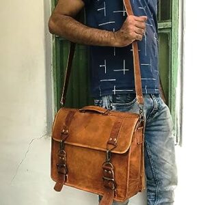 Mens Messenger Bag 15 Inch Vintage Rustproof Genuine Leather Briefcase Large Leather Laptop Computer Bag Rugged Satchel Shoulder Bag, Brown