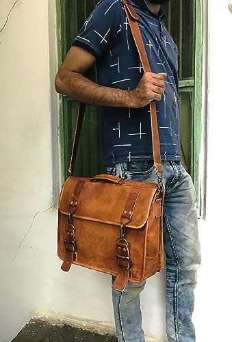 Mens Messenger Bag 15 Inch Vintage Rustproof Genuine Leather Briefcase Large Leather Laptop Computer Bag Rugged Satchel Shoulder Bag, Brown