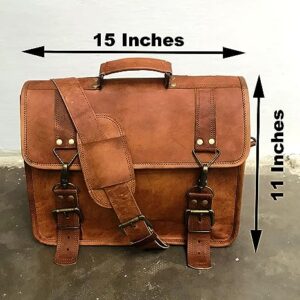 Mens Messenger Bag 15 Inch Vintage Rustproof Genuine Leather Briefcase Large Leather Laptop Computer Bag Rugged Satchel Shoulder Bag, Brown