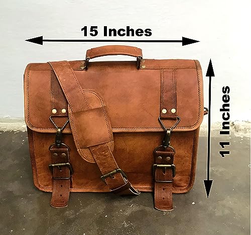 Mens Messenger Bag 15 Inch Vintage Rustproof Genuine Leather Briefcase Large Leather Laptop Computer Bag Rugged Satchel Shoulder Bag, Brown