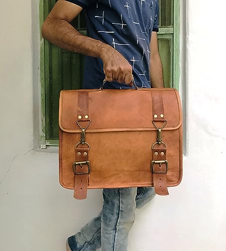 Mens Messenger Bag 15 Inch Vintage Rustproof Genuine Leather Briefcase Large Leather Laptop Computer Bag Rugged Satchel Shoulder Bag, Brown