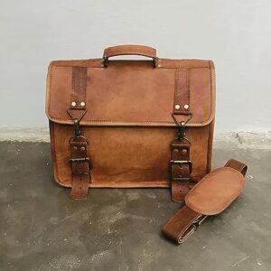 Mens Messenger Bag 15 Inch Vintage Rustproof Genuine Leather Briefcase Large Leather Laptop Computer Bag Rugged Satchel Shoulder Bag, Brown