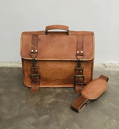 Mens Messenger Bag 15 Inch Vintage Rustproof Genuine Leather Briefcase Large Leather Laptop Computer Bag Rugged Satchel Shoulder Bag, Brown