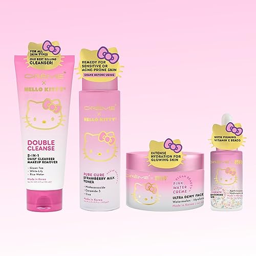 The Crème Shop x Hello Kitty Kawaii Klean Vault: Klean Beauty Skincare with Facial Cleanser, Strawberry Milk Toner, Pink Water Crème, Brightening Serum for Pure K-Beauty Experience