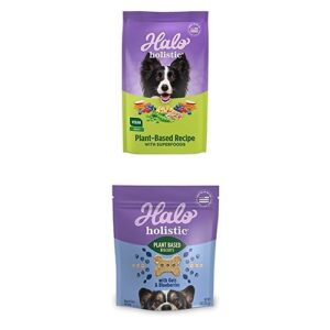 bundle of halo holistic plant-based recipe with superfoods, vegan dry dog food bag, adult formula, 3.5-lb bag + halo plant-based dog treats with oats and blueberries, vegan dog treat pouch, 8oz bag