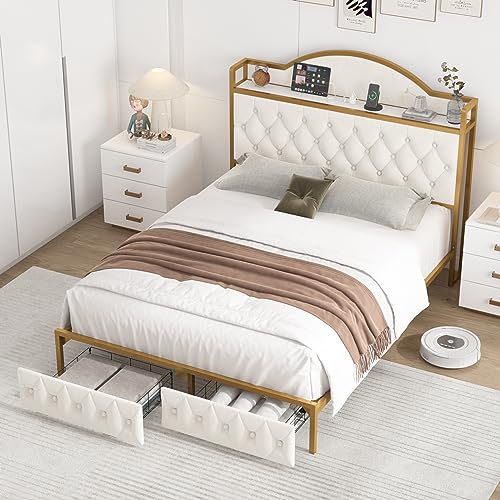 HITHOS Queen Size Bed Frame with 2 Drawers and Storage Headboard, Button Tufted Modern Upholstered Platform Bed with Charging Station, No Box Spring Needed, 51.6" Tall Headboard, Off White