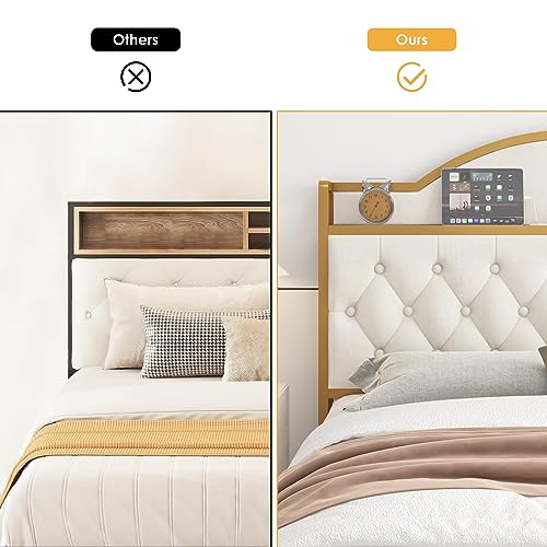 HITHOS Queen Size Bed Frame with 2 Drawers and Storage Headboard, Button Tufted Modern Upholstered Platform Bed with Charging Station, No Box Spring Needed, 51.6" Tall Headboard, Off White