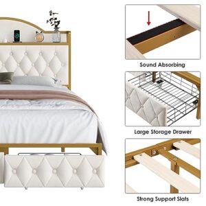 HITHOS Queen Size Bed Frame with 2 Drawers and Storage Headboard, Button Tufted Modern Upholstered Platform Bed with Charging Station, No Box Spring Needed, 51.6" Tall Headboard, Off White