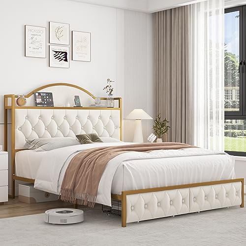 HITHOS Queen Size Bed Frame with 2 Drawers and Storage Headboard, Button Tufted Modern Upholstered Platform Bed with Charging Station, No Box Spring Needed, 51.6" Tall Headboard, Off White