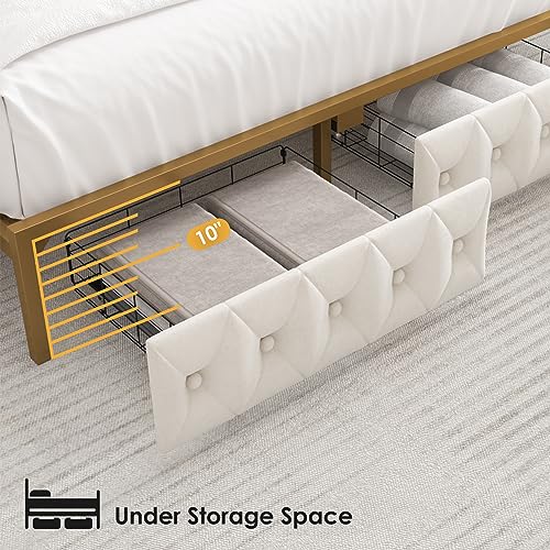 HITHOS Queen Size Bed Frame with 2 Drawers and Storage Headboard, Button Tufted Modern Upholstered Platform Bed with Charging Station, No Box Spring Needed, 51.6" Tall Headboard, Off White